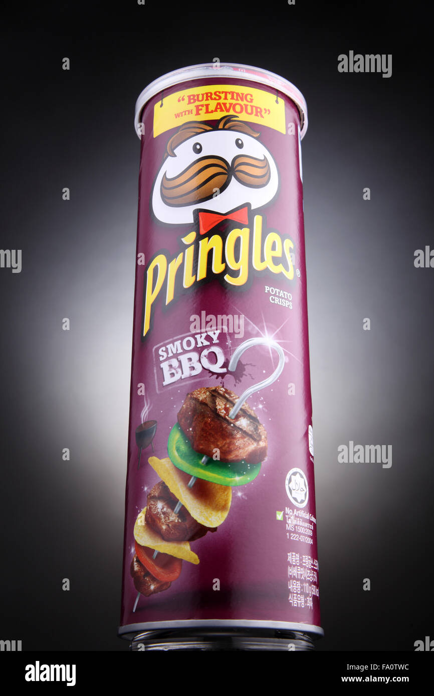 KUala Lumpur,Malaysia 27th April 2015,A can of Pringles smoky BBQ chips ...