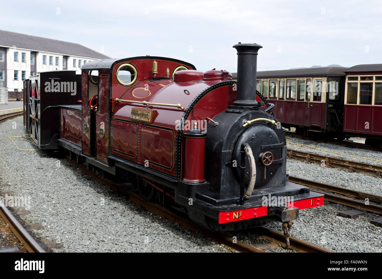 Saddle-tank steam locomotive on the Ffestiniog narrow-gauge railway in ...