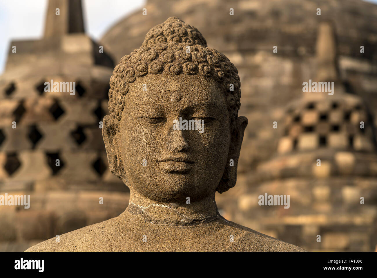 Buddha statue and stupas at the 9th-century Mahayana Buddhist Temple ...