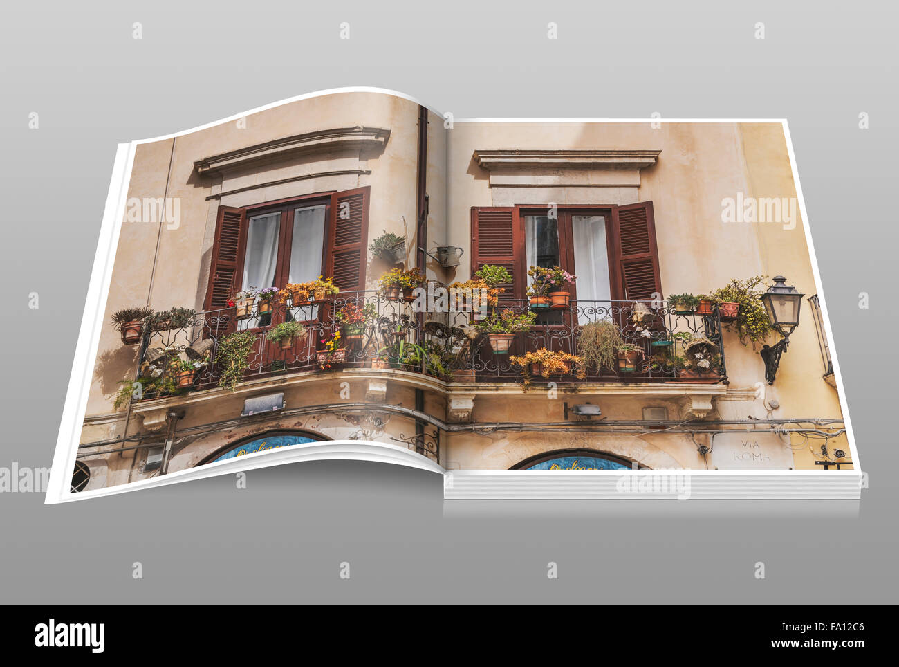 Balcony in Via Roma, in the historic center of Syracuse. The old town ...