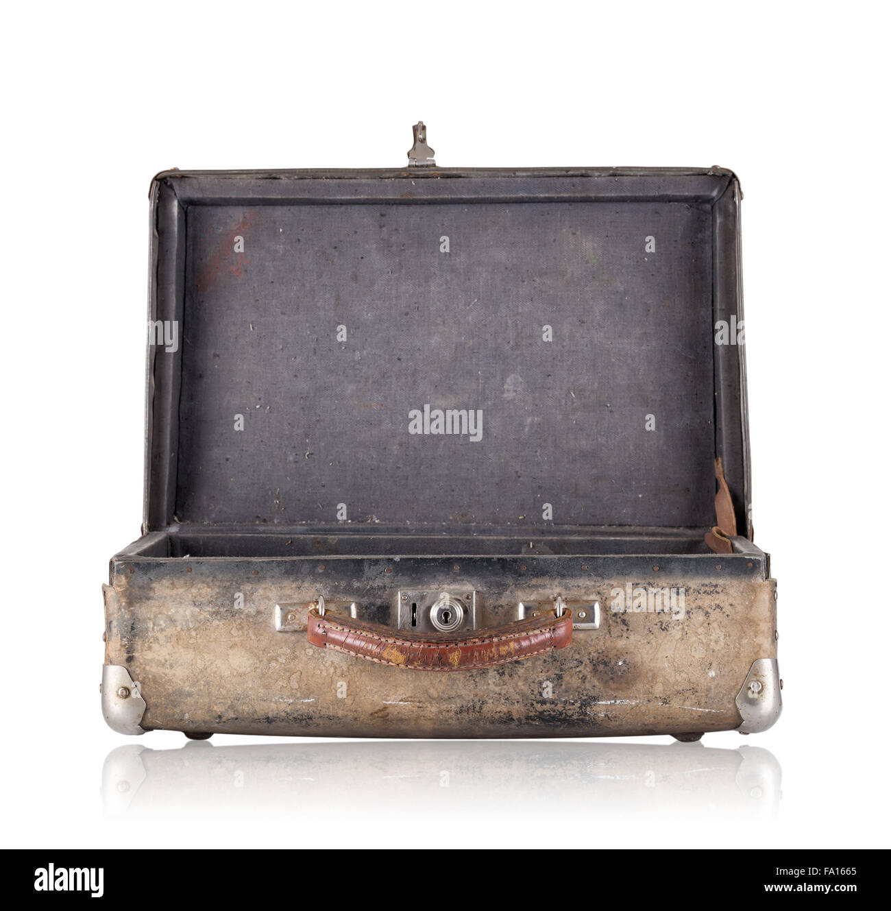 Open old suitcase with black upholstery inside isolated on white ...