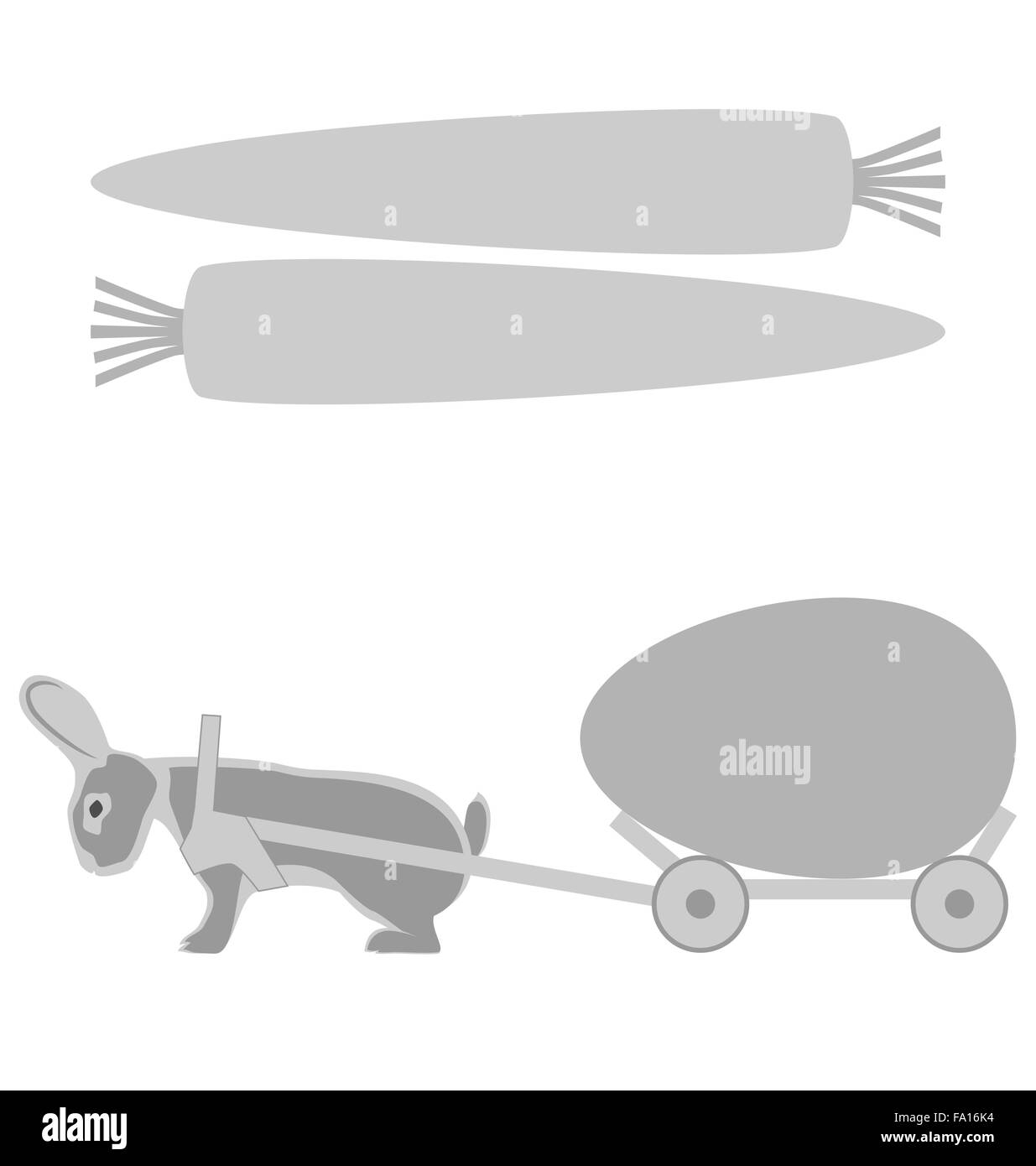 Grey rabbit pulls a cart with egg and carrot frames on white Stock ...