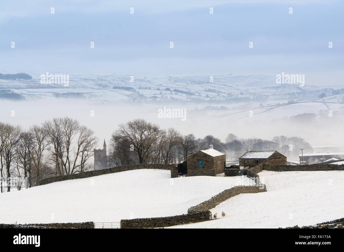 Misty snow covered landscape near Hawes in Wensleydale, North Yorkshire ...