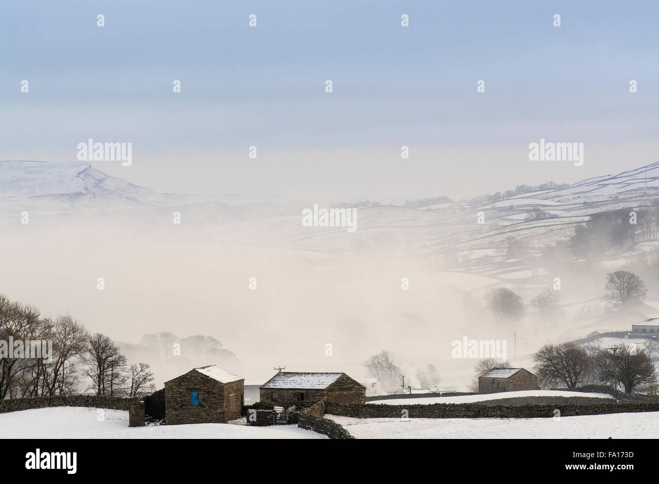Misty snow covered landscape near Hawes in Wensleydale, North Yorkshire ...