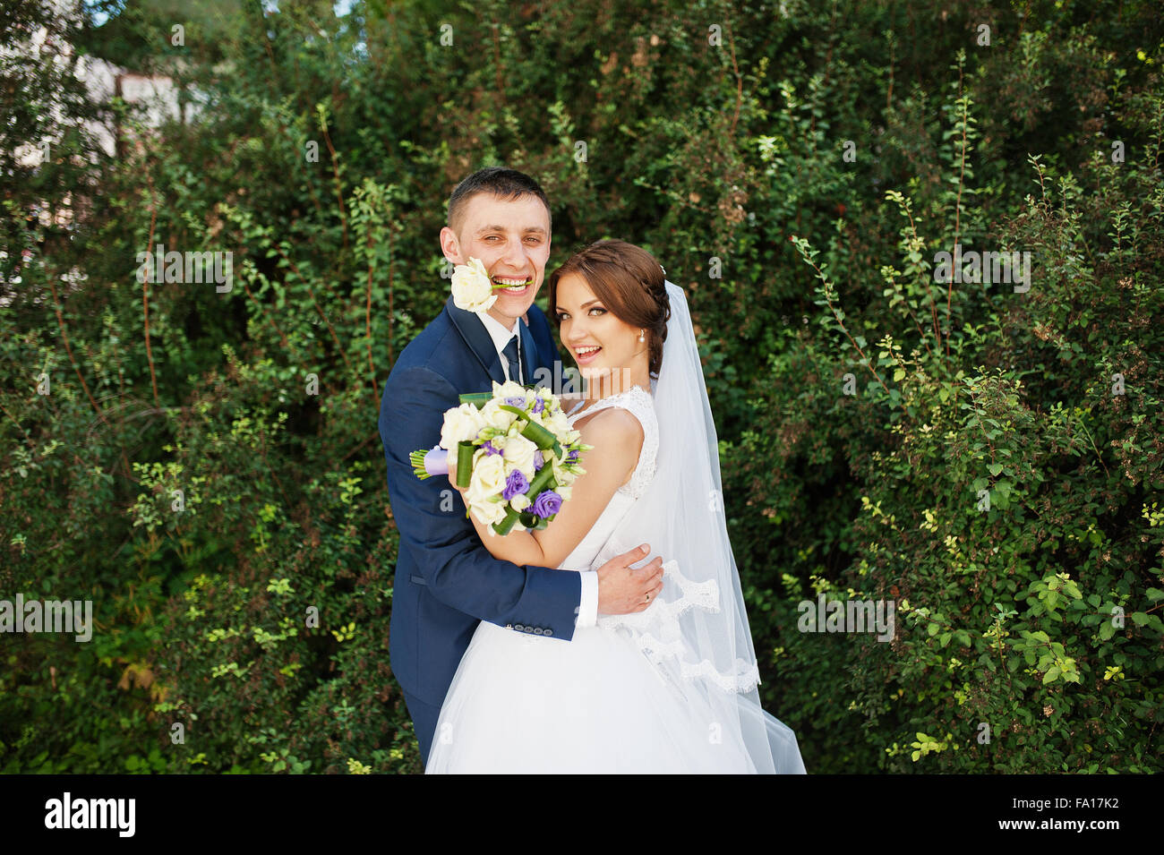 Funny bride with groom at rose on his mouth Stock Photo - Alamy