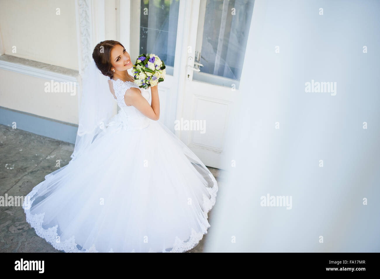 Portrait of beautiful cute brunette bride Stock Photo - Alamy