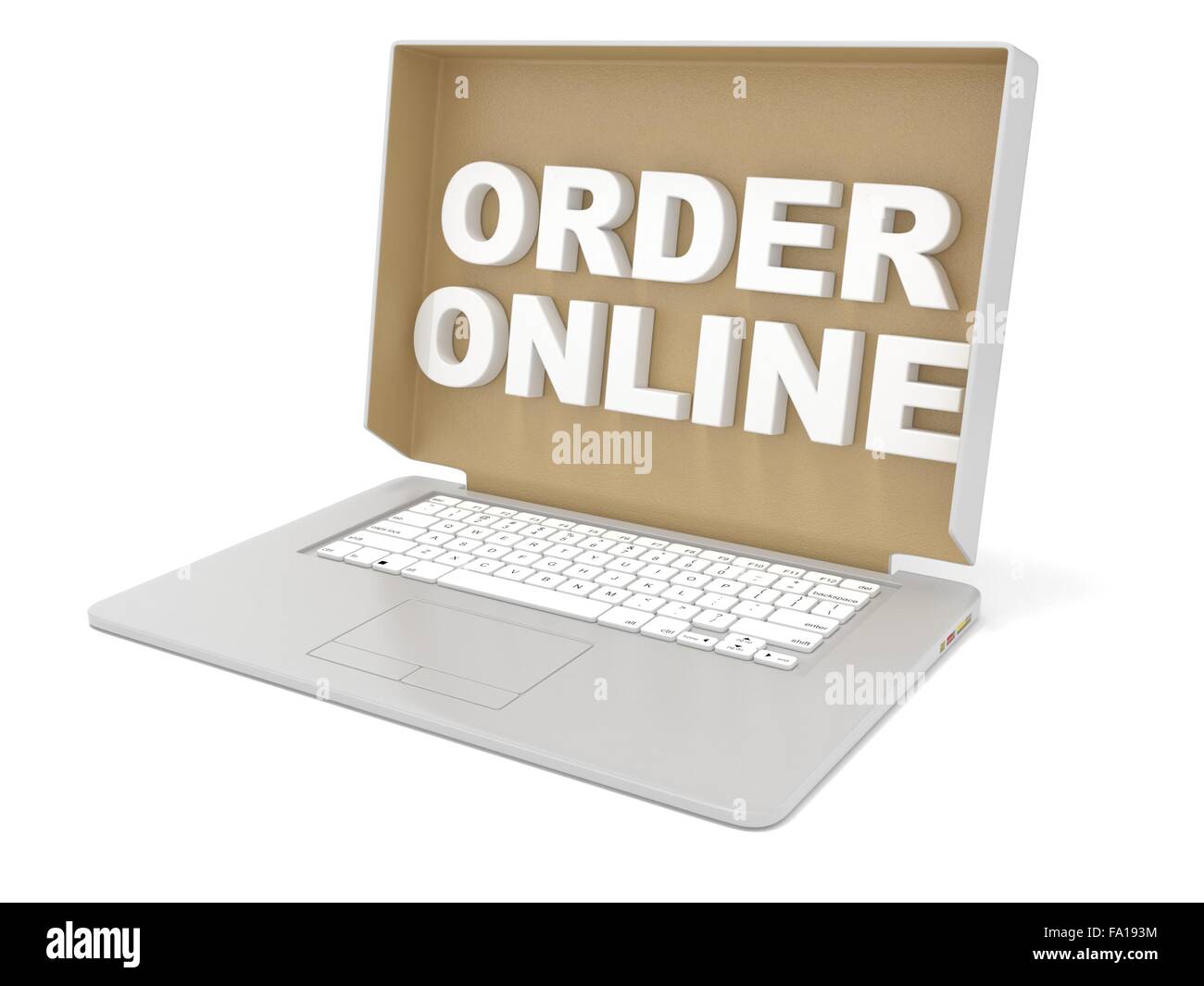 Cardboard box cover with ORDER ONLINE sign on laptop. Side view. 3D ...