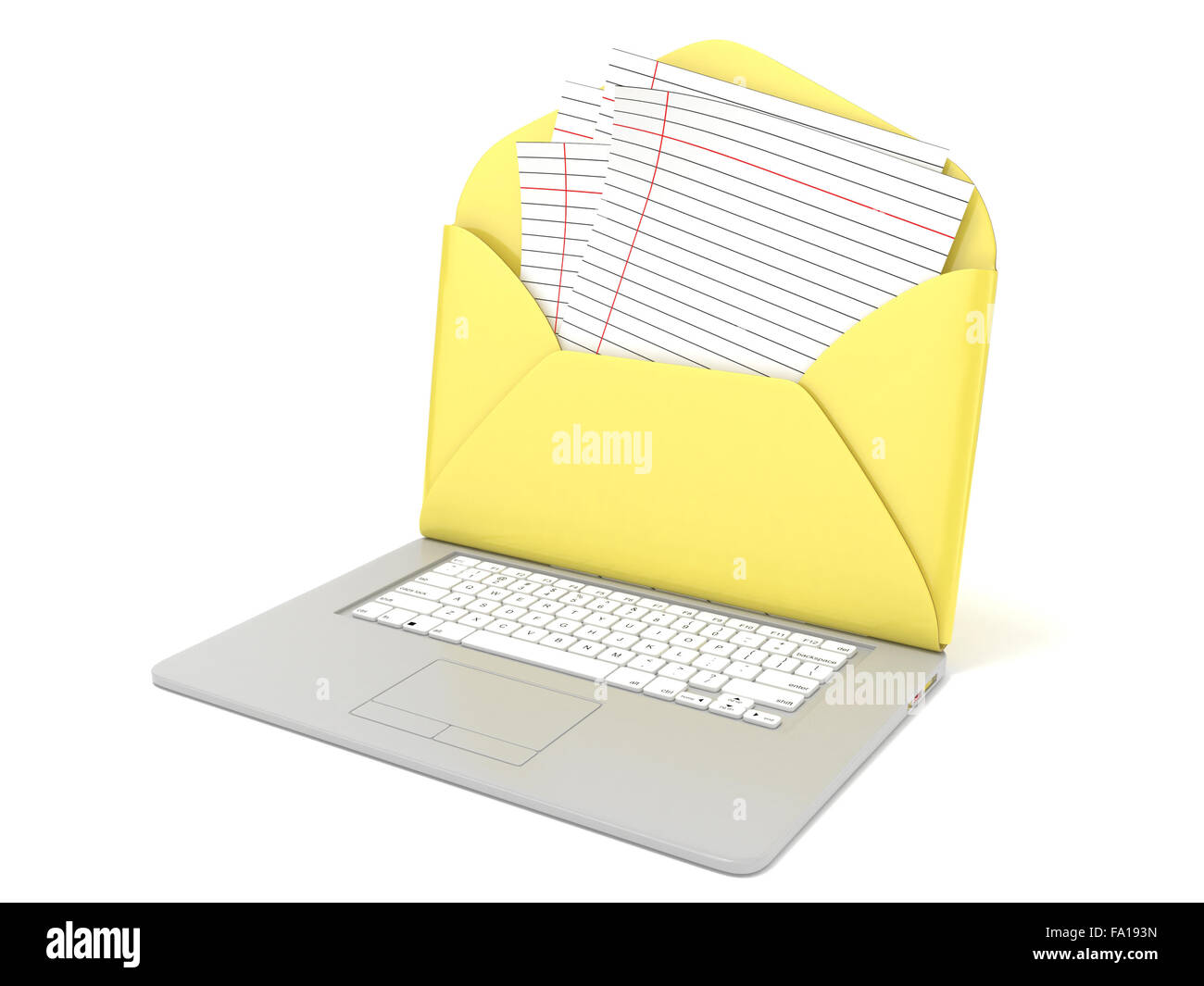 Open envelope and blank lined paper on laptop. Side view. 3D render ...