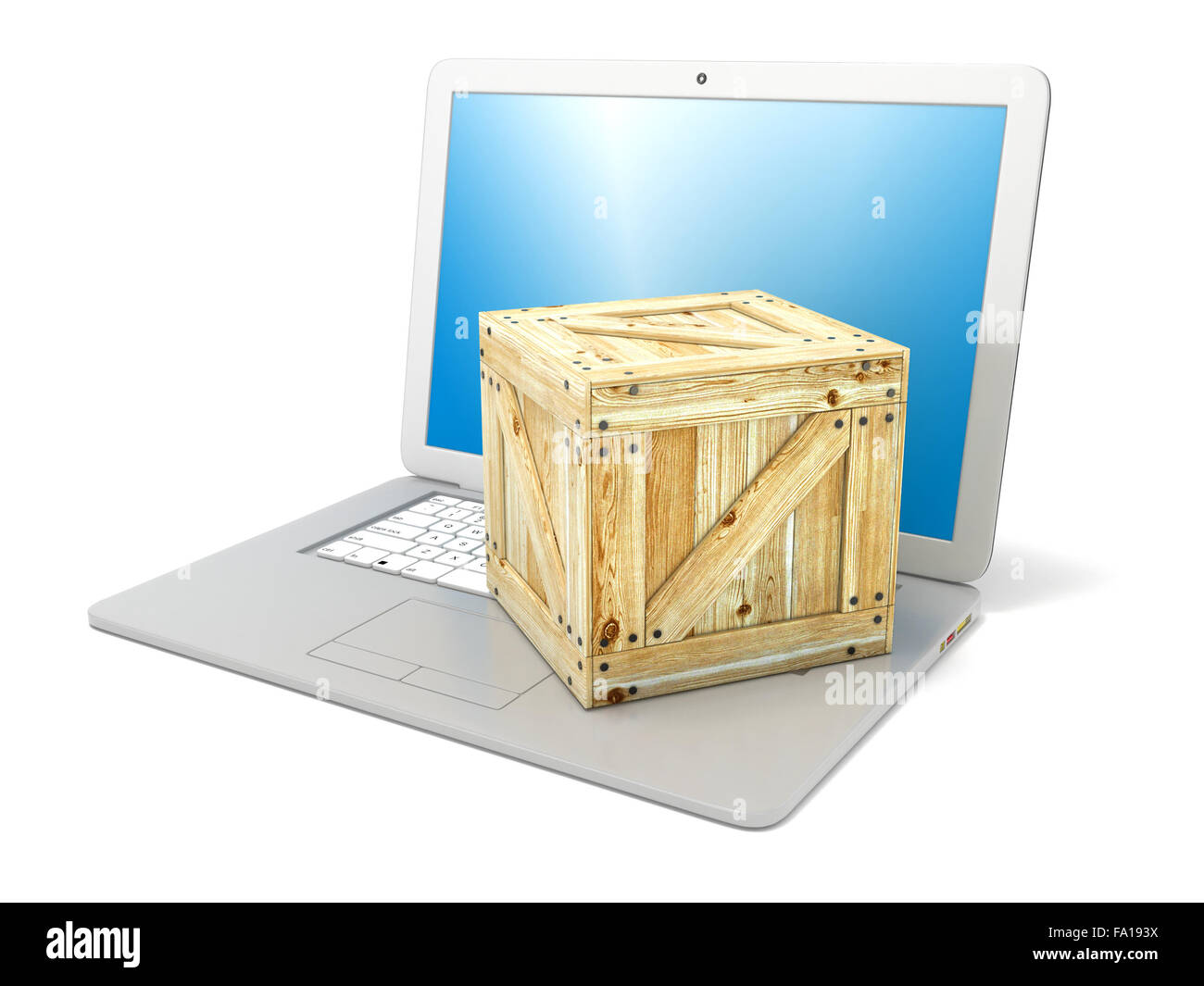 Laptop with wooden box package. Concept of online ordering of products ...