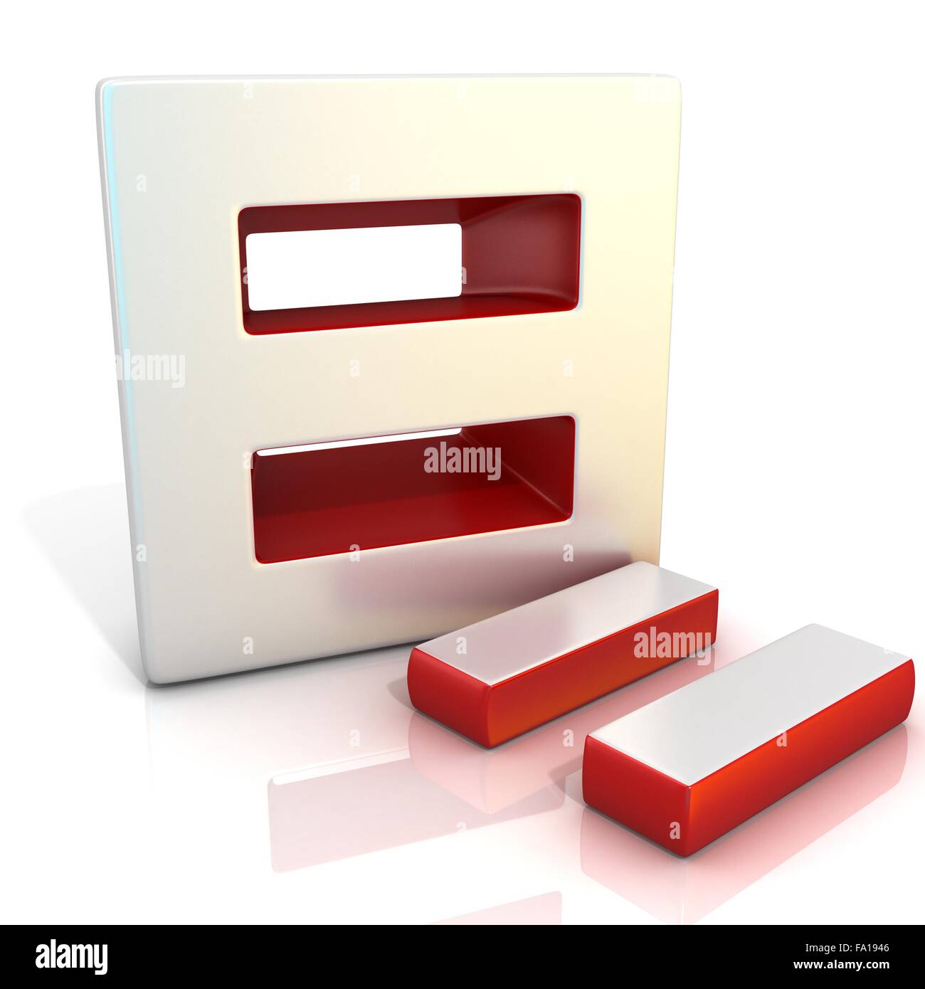 Equally sign. 3D render illustration, isolated on white. Side view ...