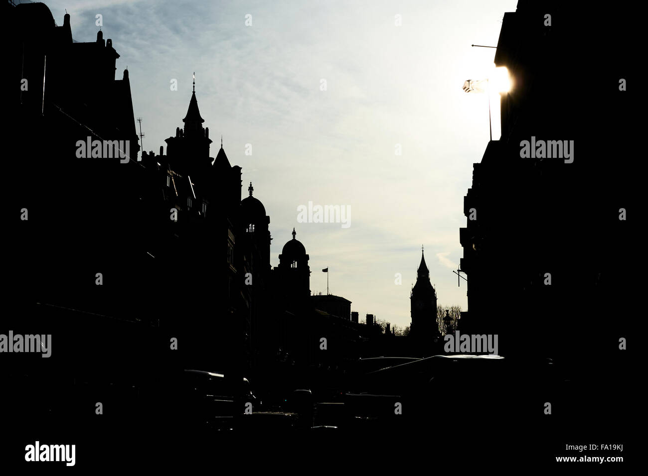 LONDON, UK - DECEMBER 19: High contrast silhouetted shot of Whitehall ...