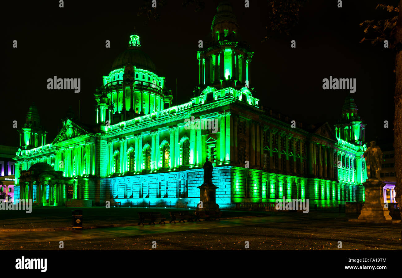 Belfast City Hall lit green for Irish Football achievements Stock Photo ...