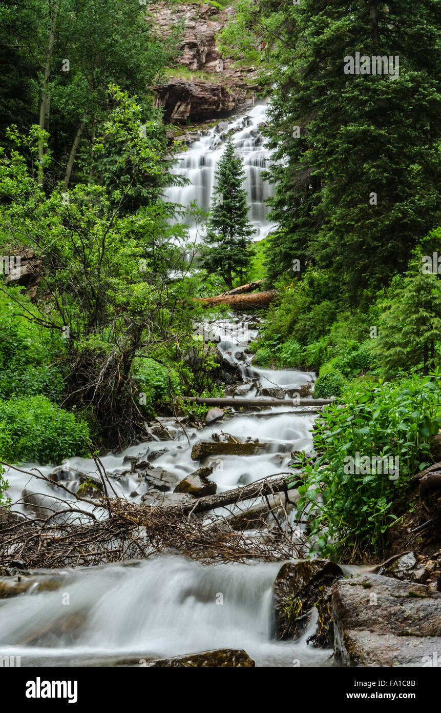 Waterfall and stream from the snow melt coming out of Ice Lake Basin ...