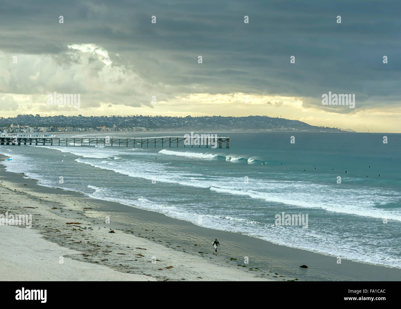Pacific Beach, pier, ocean, waves, clouds, morning. San Diego ...