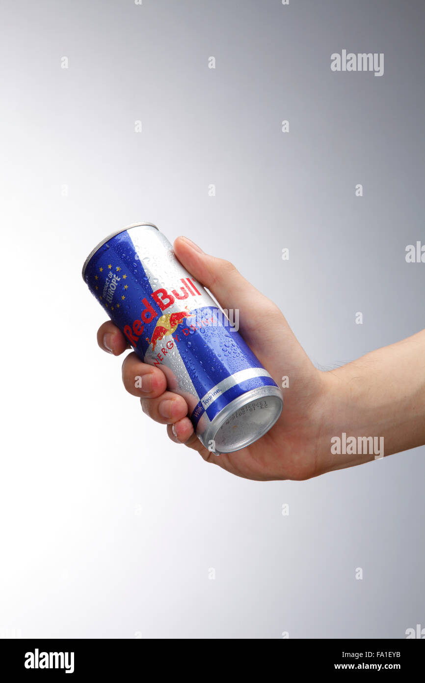 Kuala Lumpur,Malaysia 9th April 2015,Hand holding Can of Red Bull ...