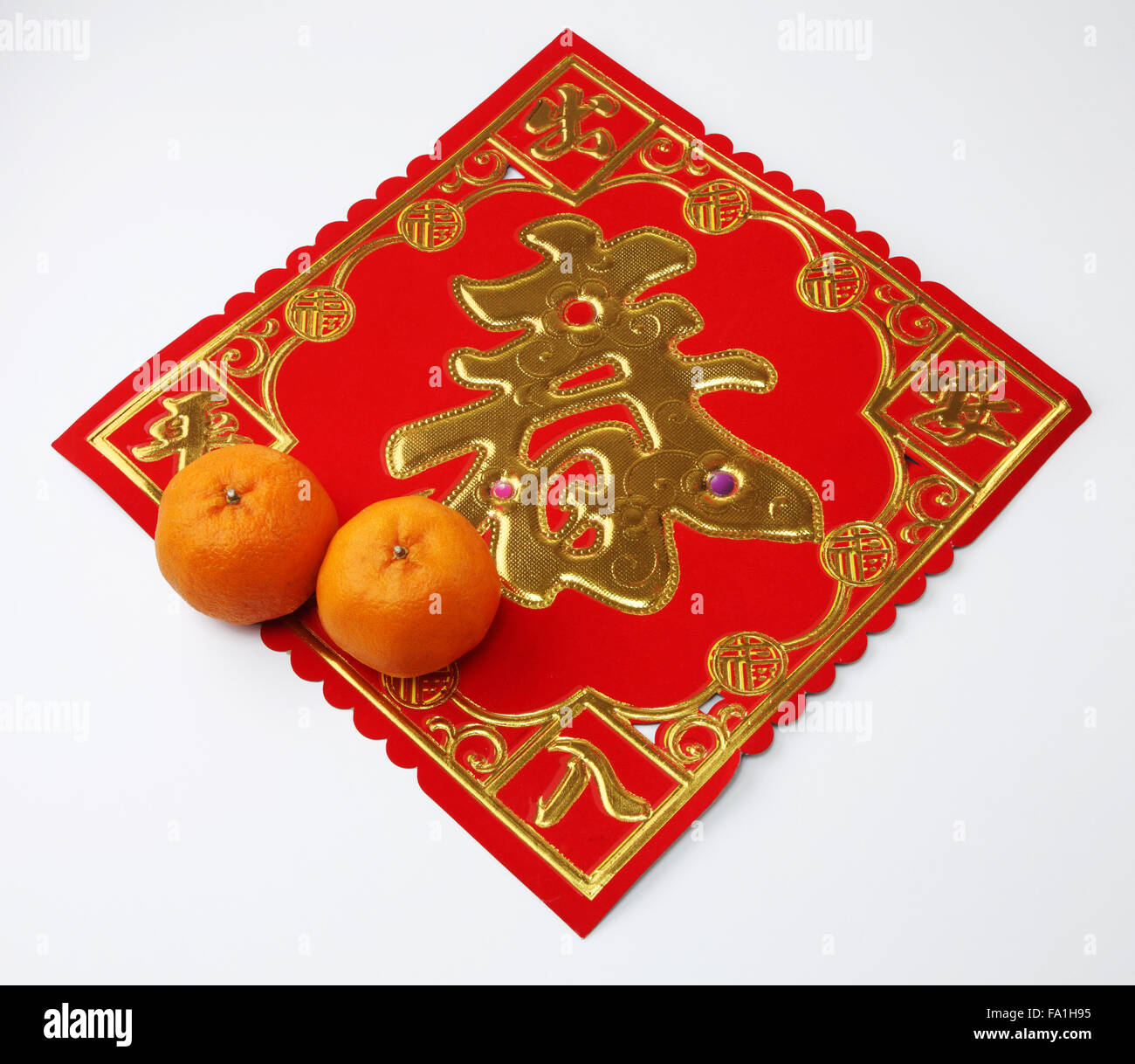 mandarin oranges with the greeting sticker with chinese character Stock ...