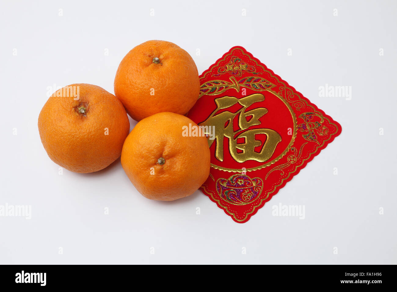 mandarin oranges with the greeting sticker with chinese character Stock ...