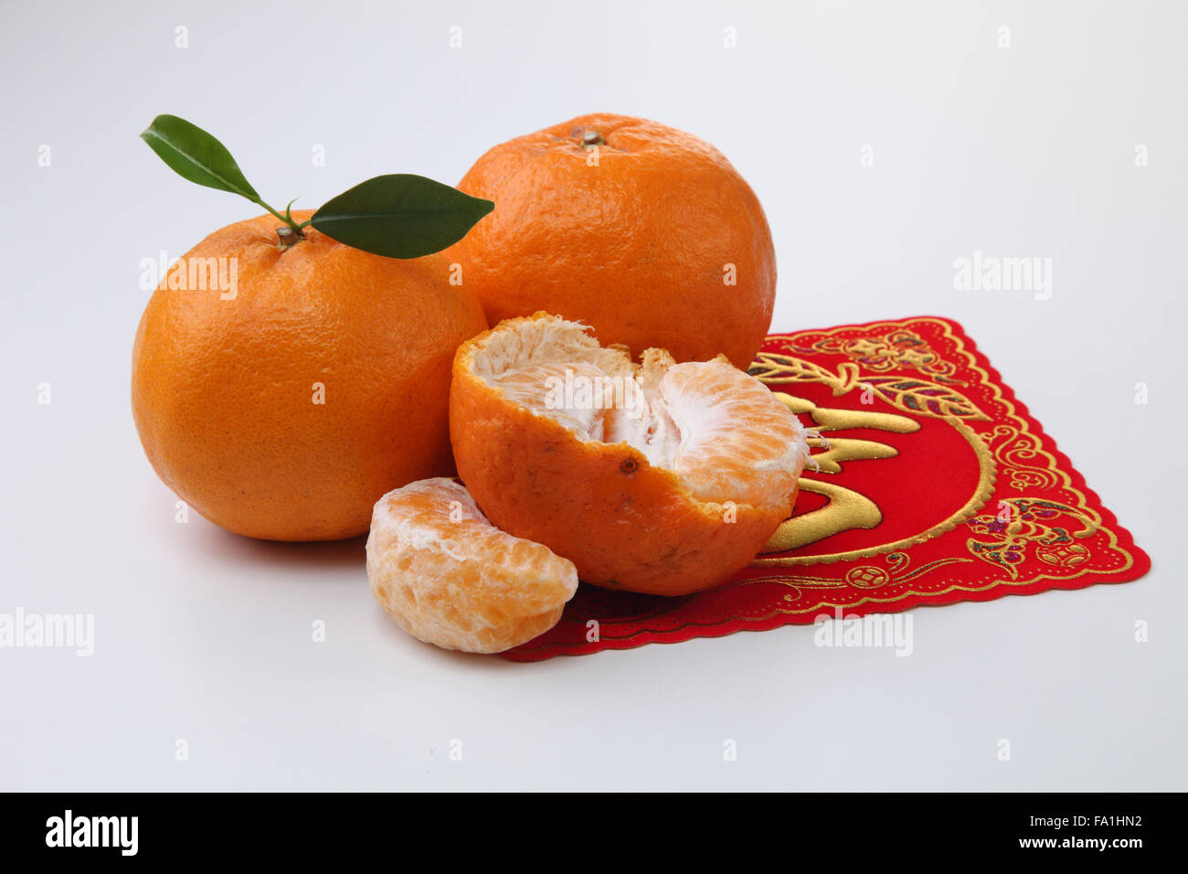 mandarin oranges with the greeting sticker with chinese character Stock ...