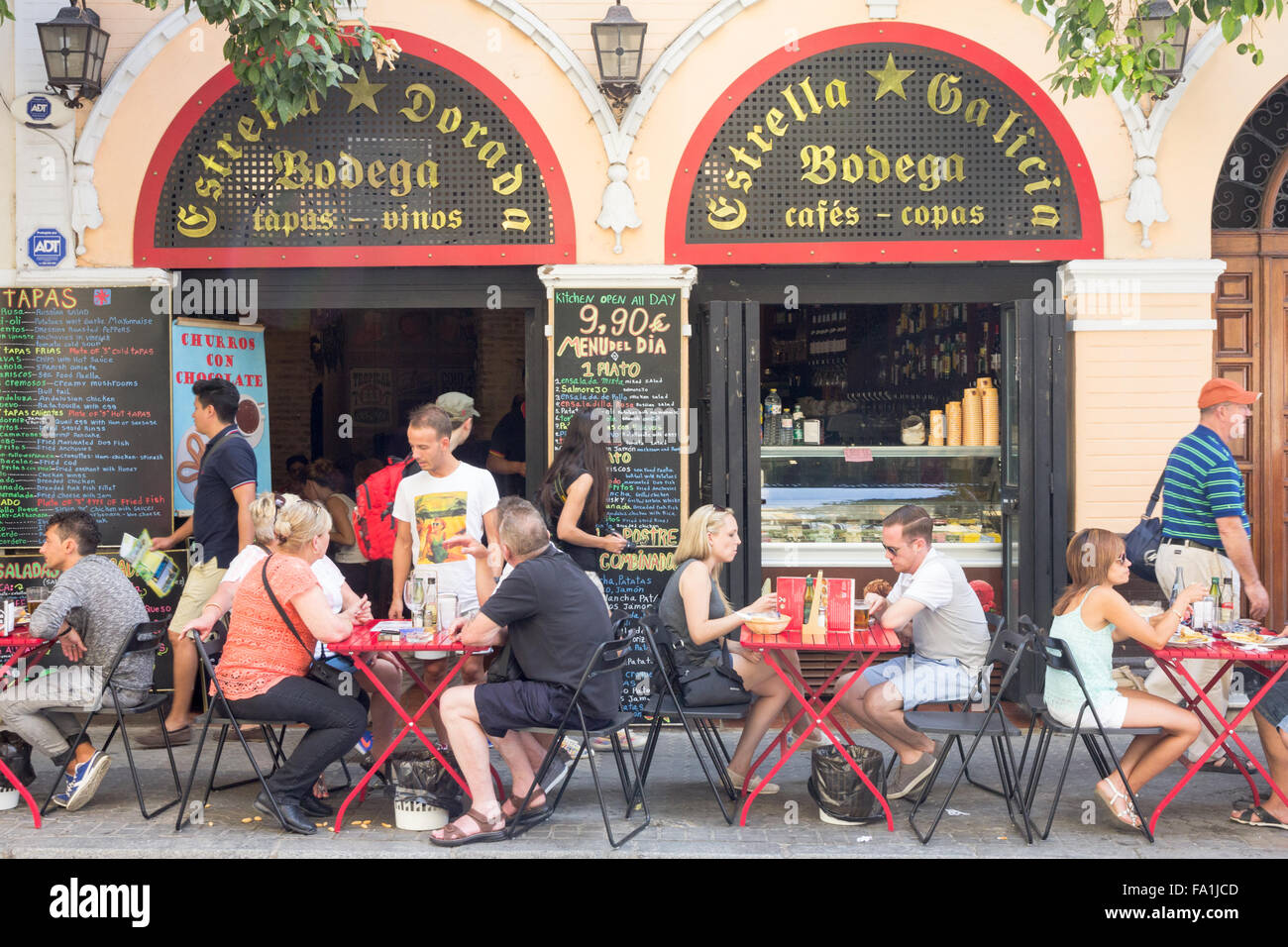 Seville, Spain-September 2nd 2015: A busy bodega in the old city. There ...
