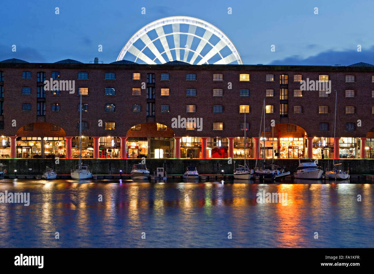 The Albert Dock complex in Liverpool at night with the Big Ferris Wheel ...