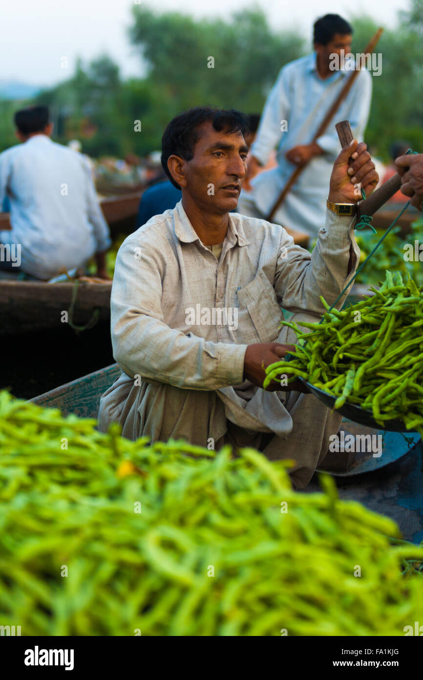 Kashmiri man using scale, weighing vegetables for sale on shikara boat ...