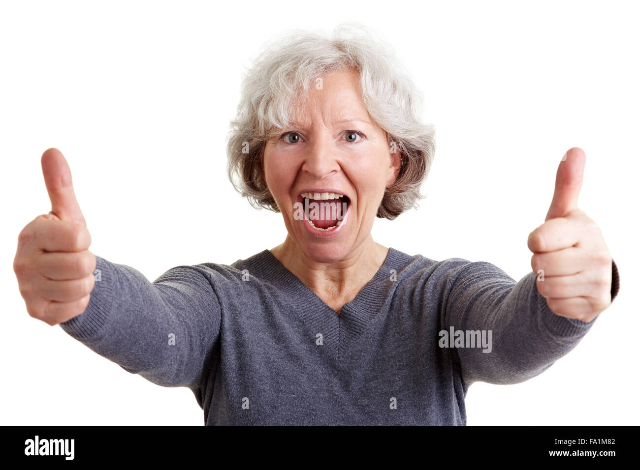 Happy old senior woman holding both thumbs up Stock Photo - Alamy Happy old senior woman holding both thumbs up Stock Photo - Alamy