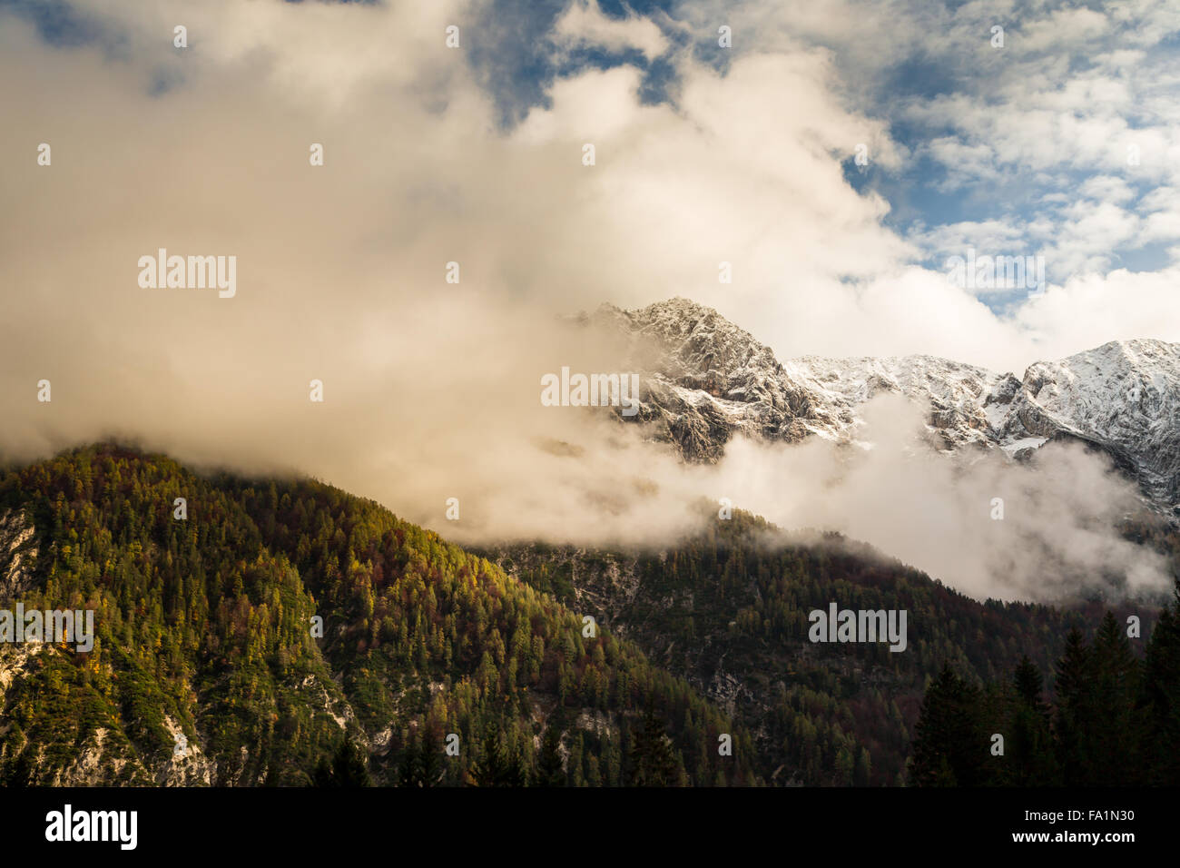 Fall in the italian alps in a misty day Stock Photo - Alamy
