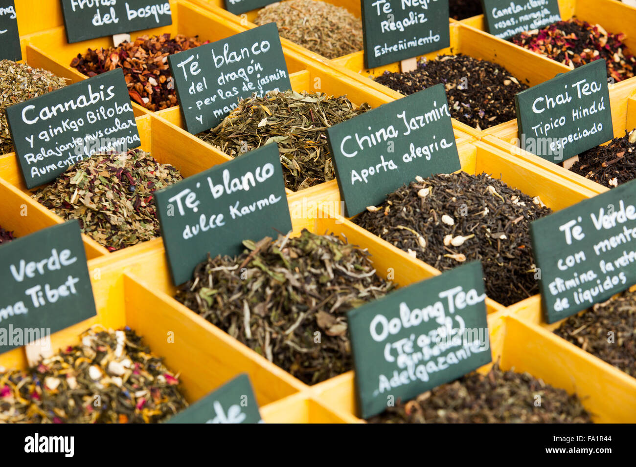 seasonings and tea at counter in spanish market Stock Photo - Alamy