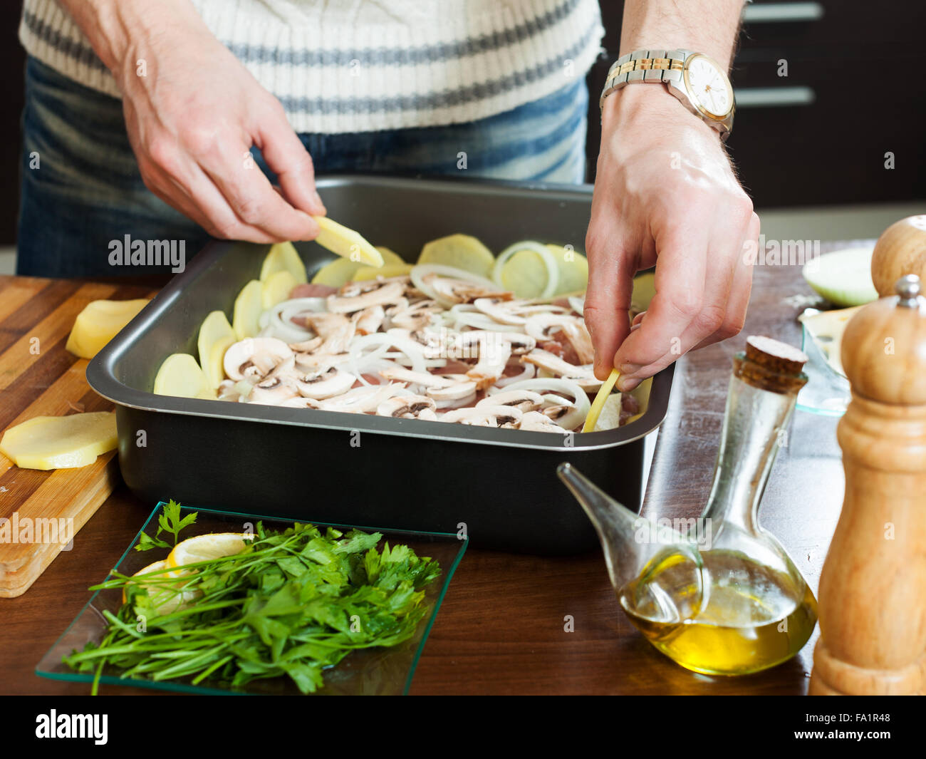 Steps of cooking meat with mushrooms and potatoes Stock Photo - Alamy