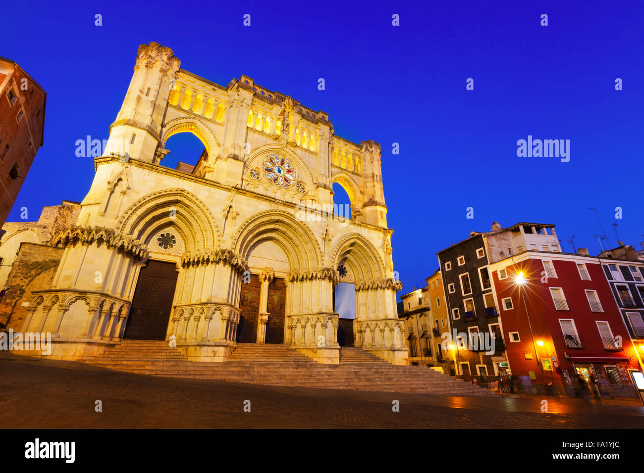 Wide angle shot of Cuenca Cathedral in night. Spain Stock Photo - Alamy