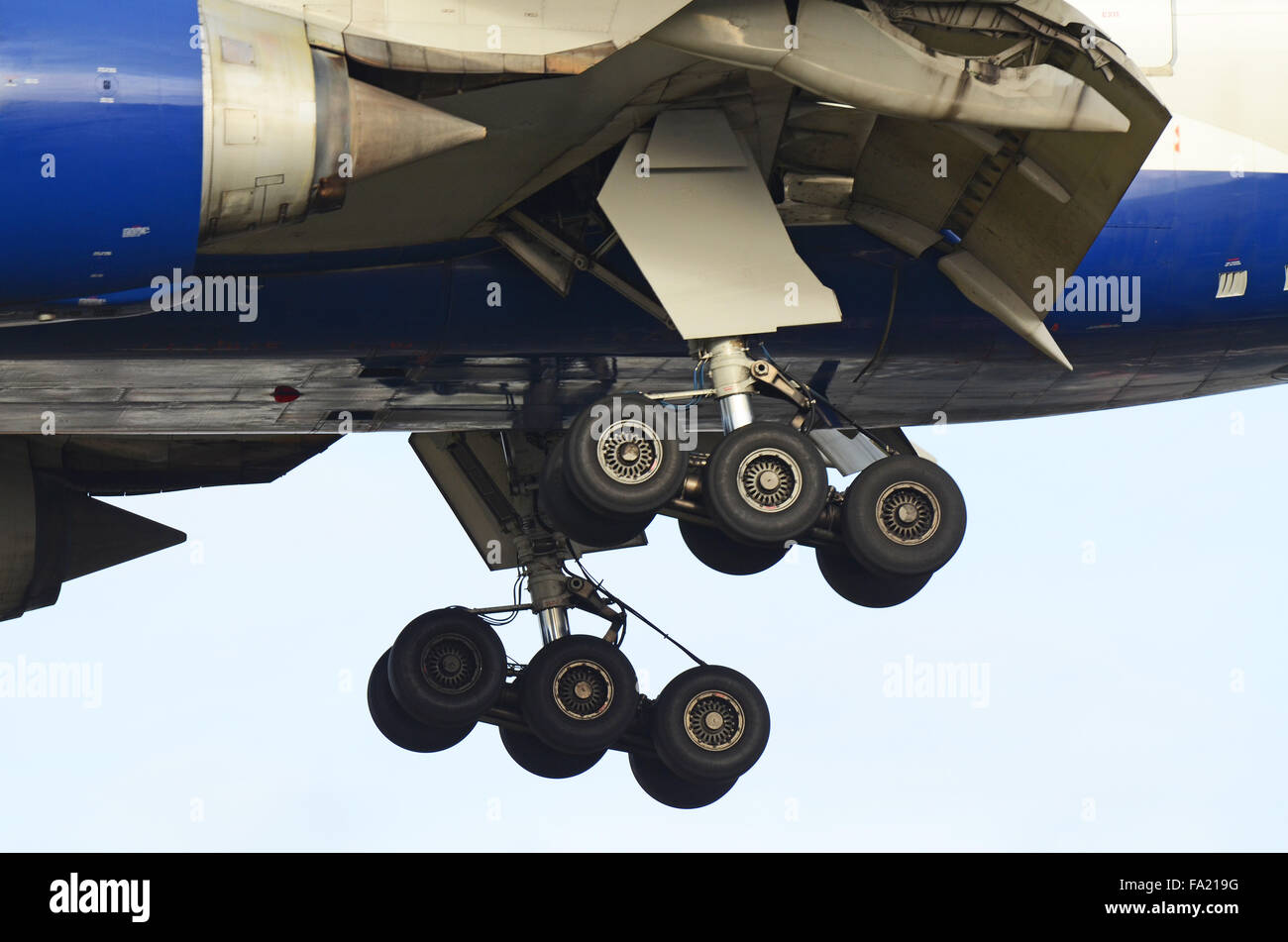 Undercarriage of a British Airways Boeing 777 jet airliner plane as it ...