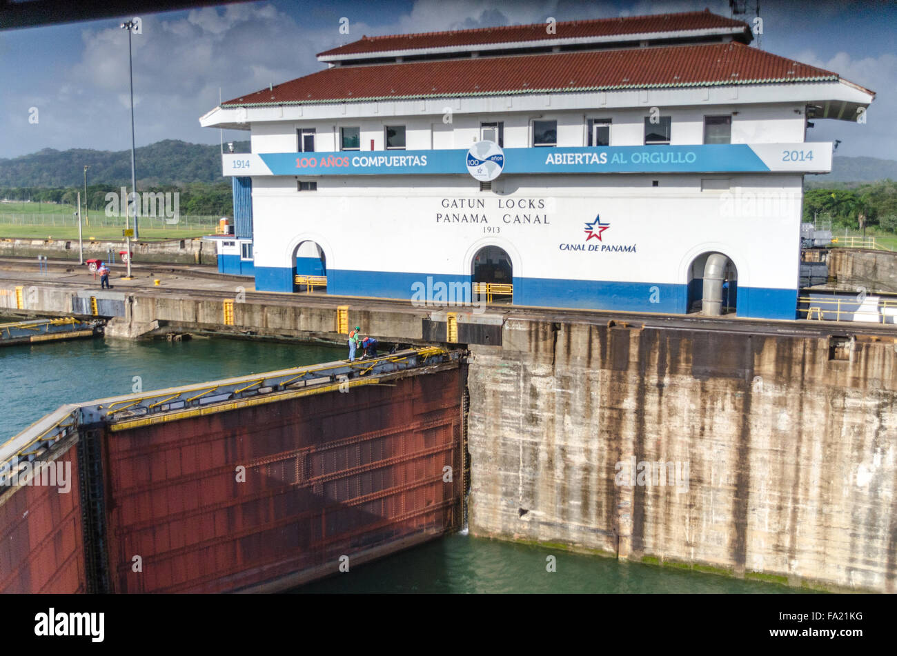 Gatun Locks Control Building and Lock Gate, Panama Canal Stock Photo ...