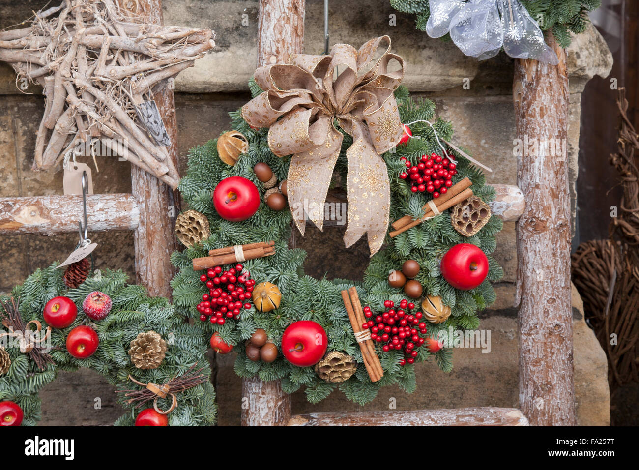 Christmas Reefs with Wooden Ladder Background Stock Photo - Alamy