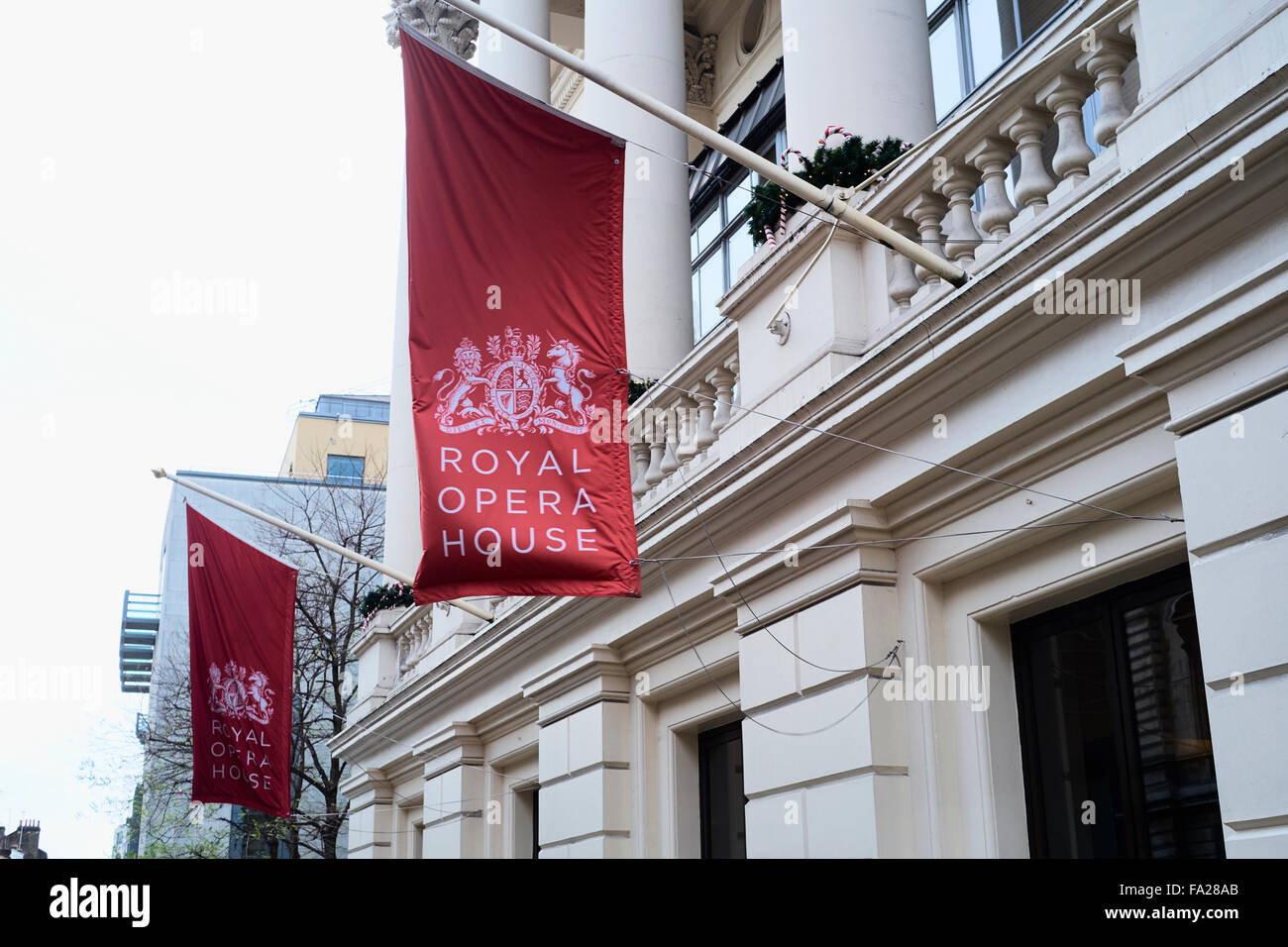 LONDON, UK - DECEMBER 20: Large red banners in front of the Royal Opera ...