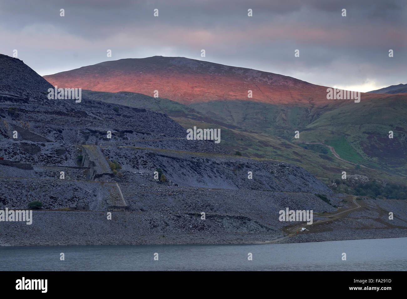 Last light falls across the slate terraces at Dinorwic quarry ...