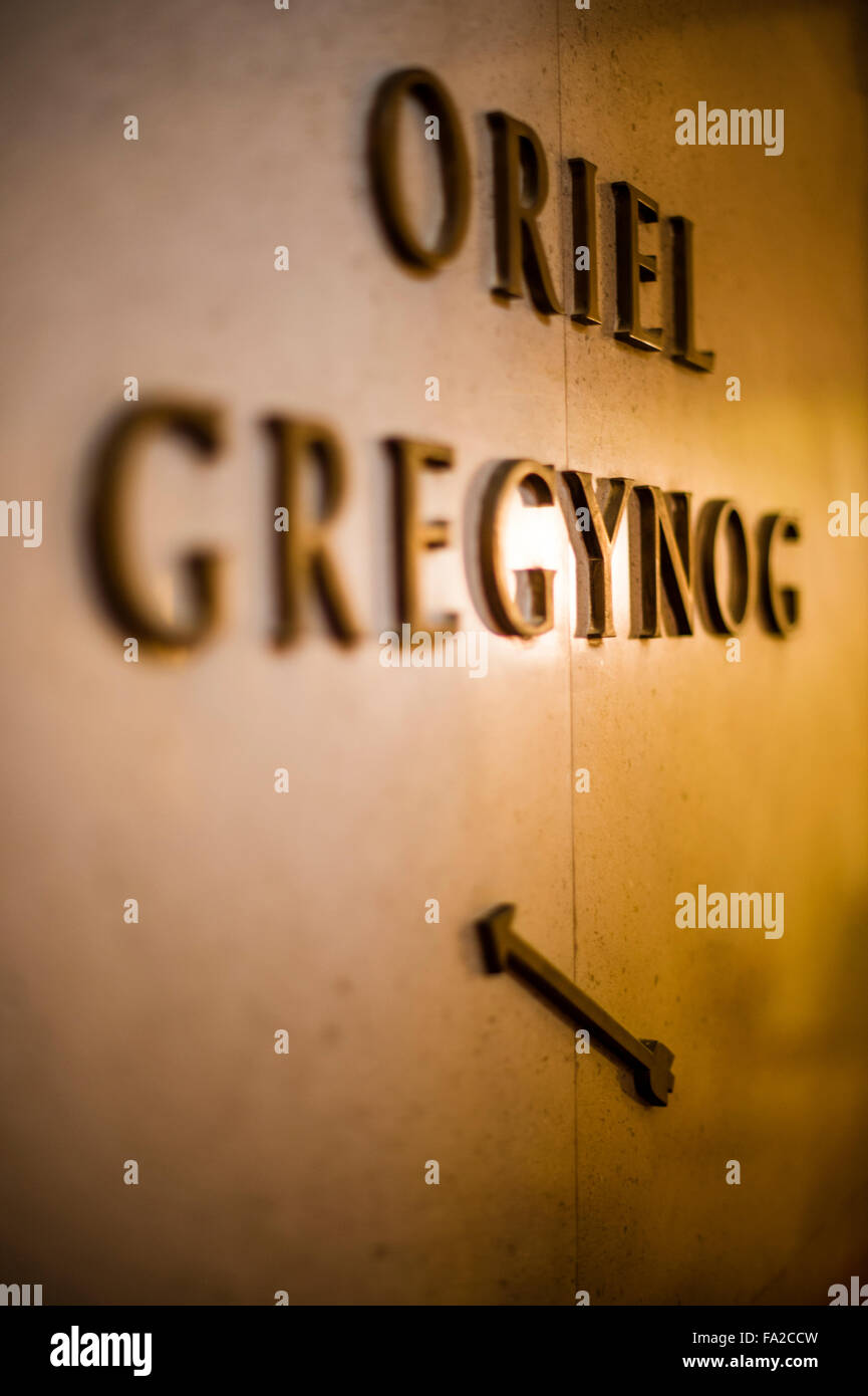 A sign pointing to the Oriel Gregynog Gallery at the National Library ...