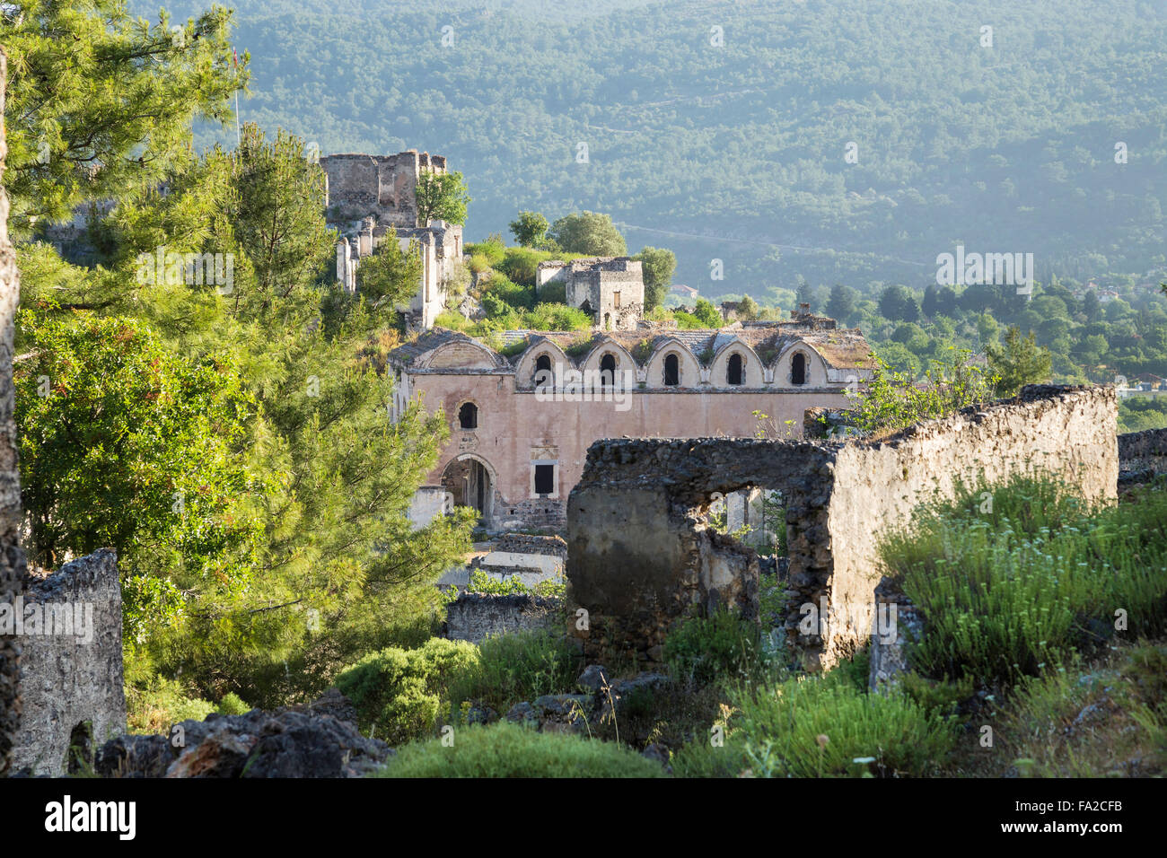 Abandoned Orthodox church ruins in Kayakoy village at south of Fethiye ...