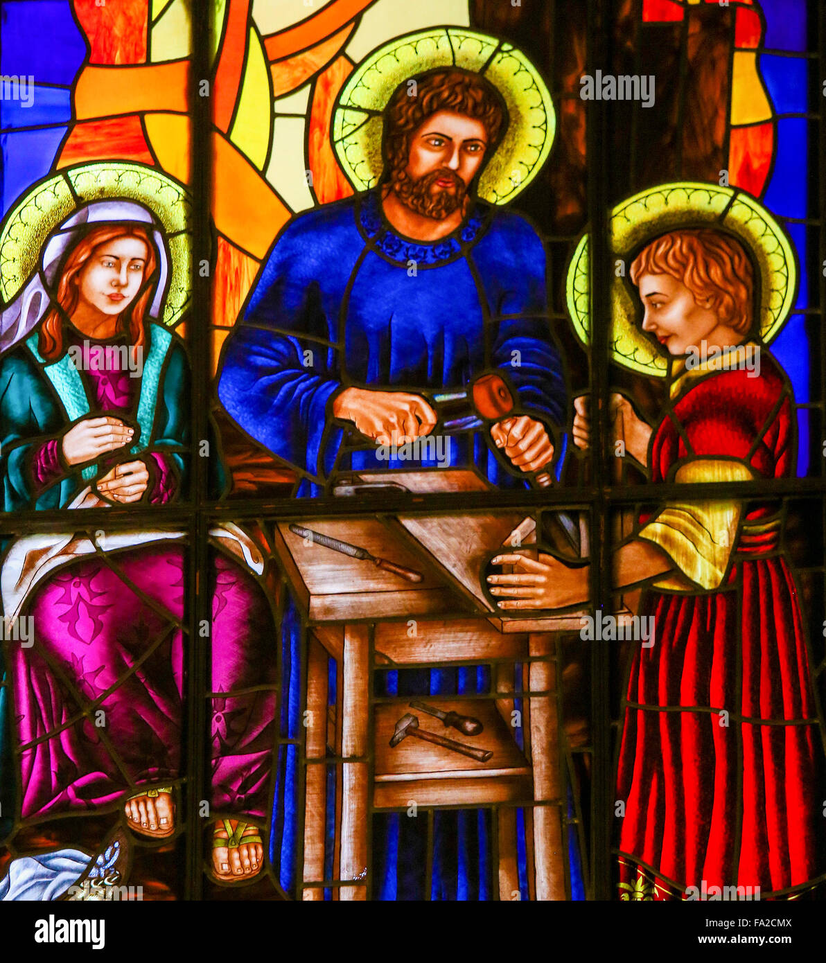 Stained Glass window depicting the Holy Family, Joseph, Mary and Jesus ...