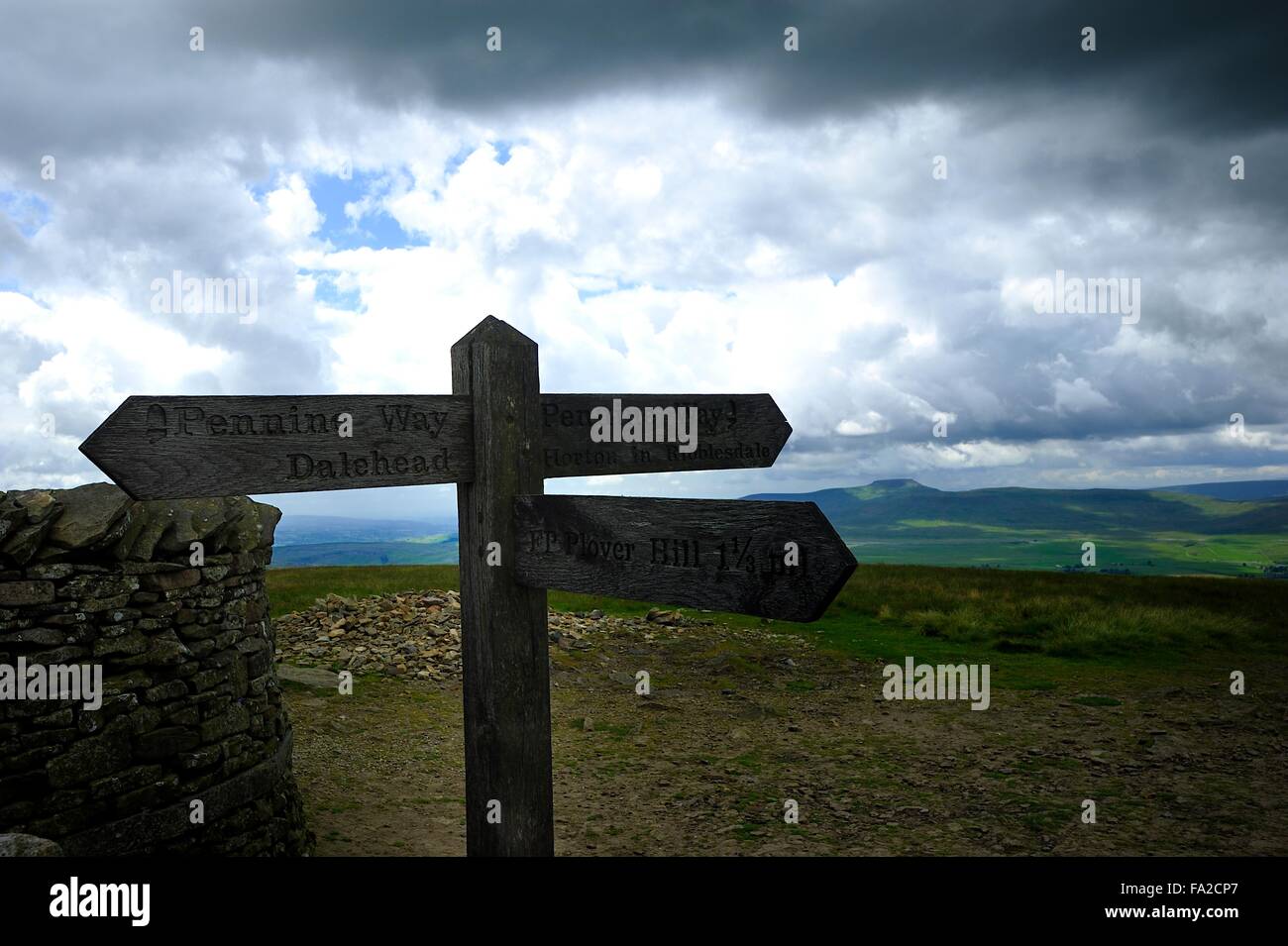 Dry stone wall and timber sign post Stock Photo - Alamy