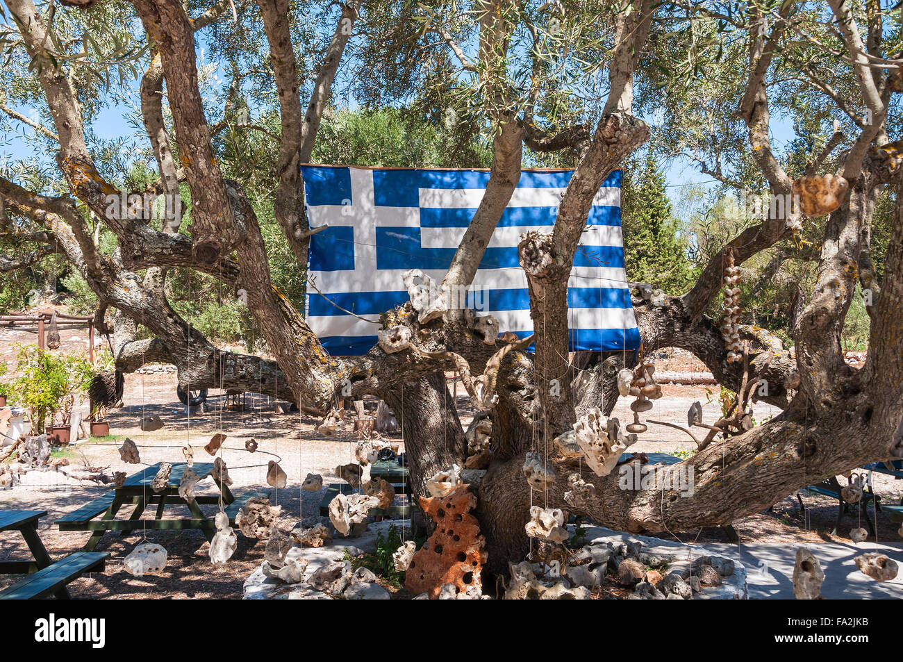 Big greek flag among the trees branches Stock Photo - Alamy