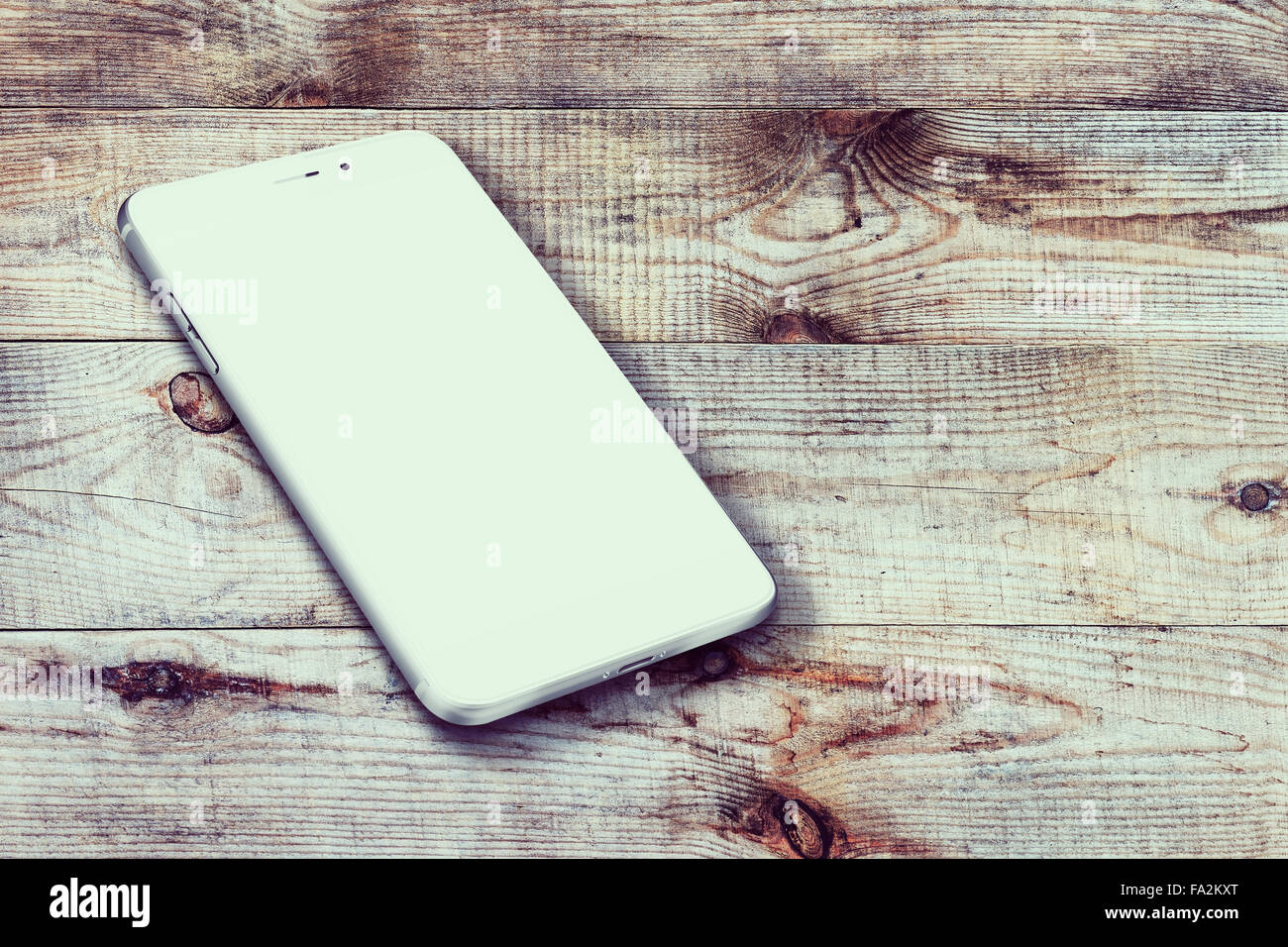 Realistic mobile phone with blank screen and shadows on wooden ...