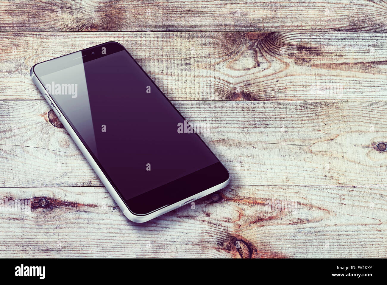 Realistic mobile phone with black screen and shadows on wooden ...