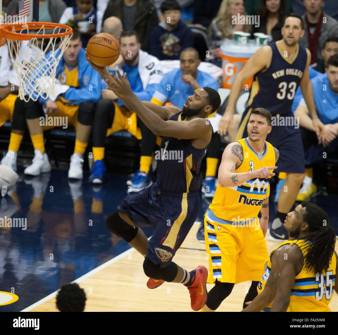 Denver, Colorado, USA. 20th Dec, 2015. Pelicans TYREKE EVANS, center ...