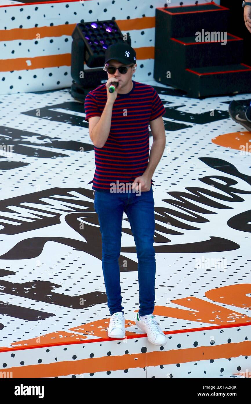 One Direction seen performing a sound check on Hollywood Boulevard ...