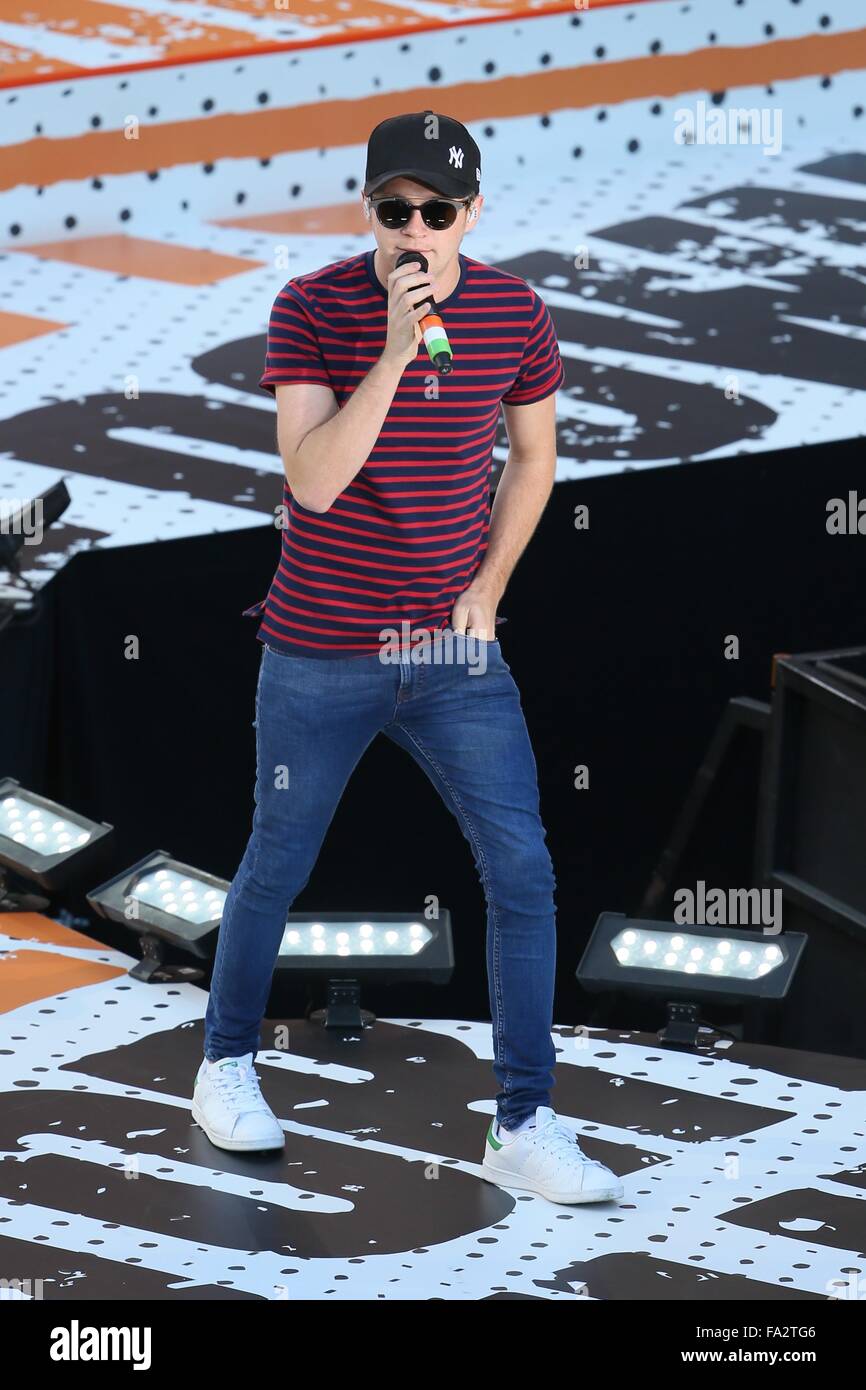 One Direction seen performing a sound check on Hollywood Boulevard ...