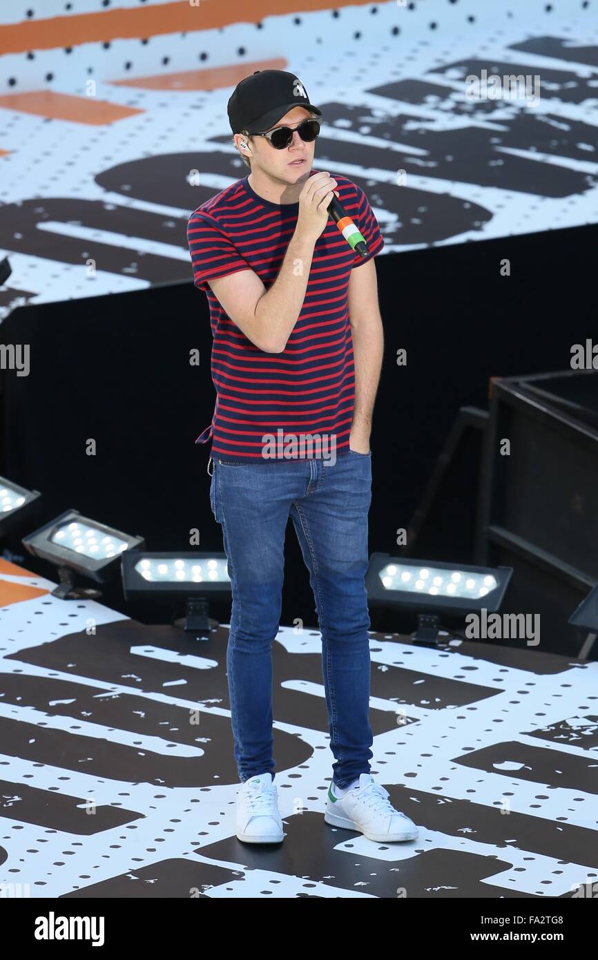 One Direction seen performing a sound check on Hollywood Boulevard ...