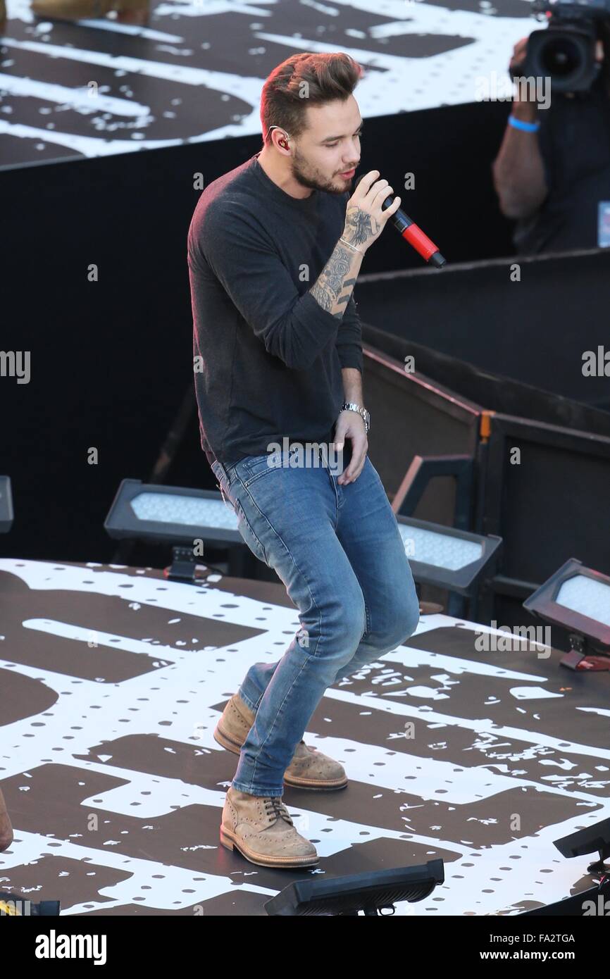 One Direction seen performing a sound check on Hollywood Boulevard ...