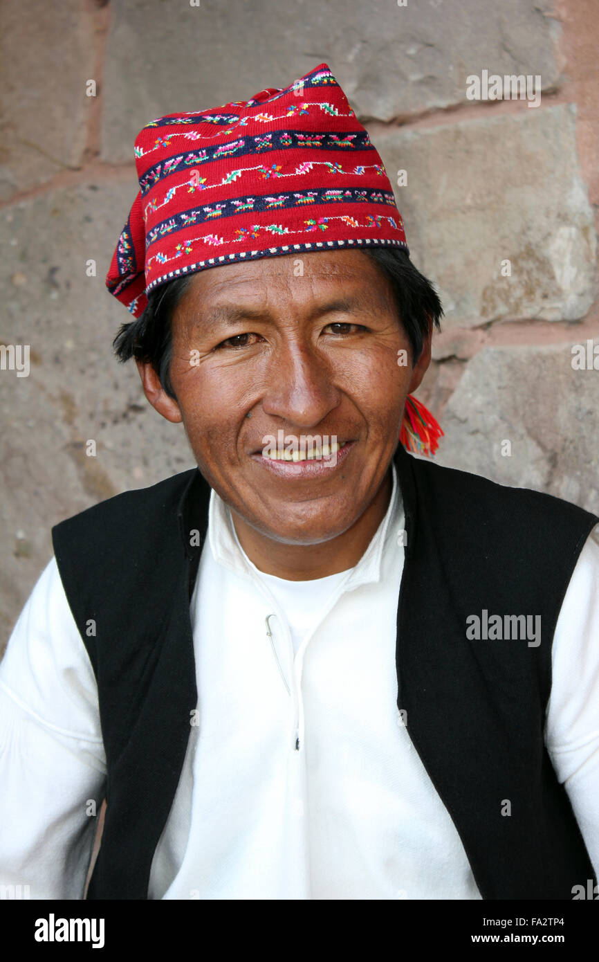 Traditional taquile island lake titicaca peru hat hi-res stock ...