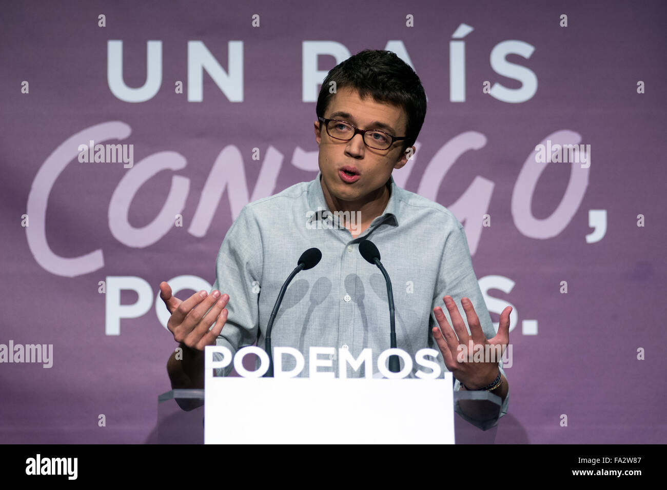 Madrid, Spain. 20th Dec, 2015. Íñigo Errejón from Podemos gives first ...
