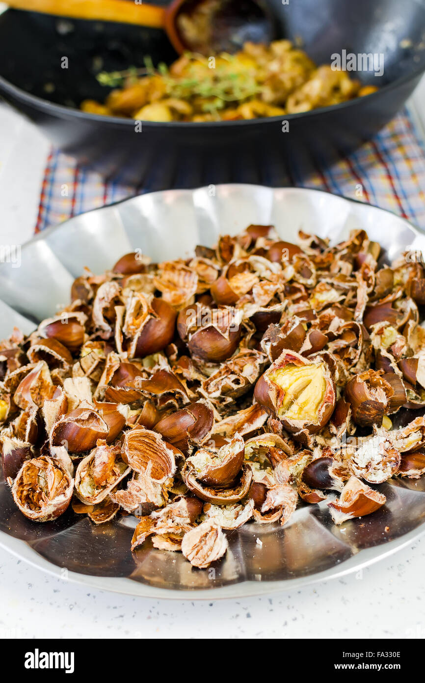 Pan-fried chestnuts with mushrooms and spices Stock Photo - Alamy